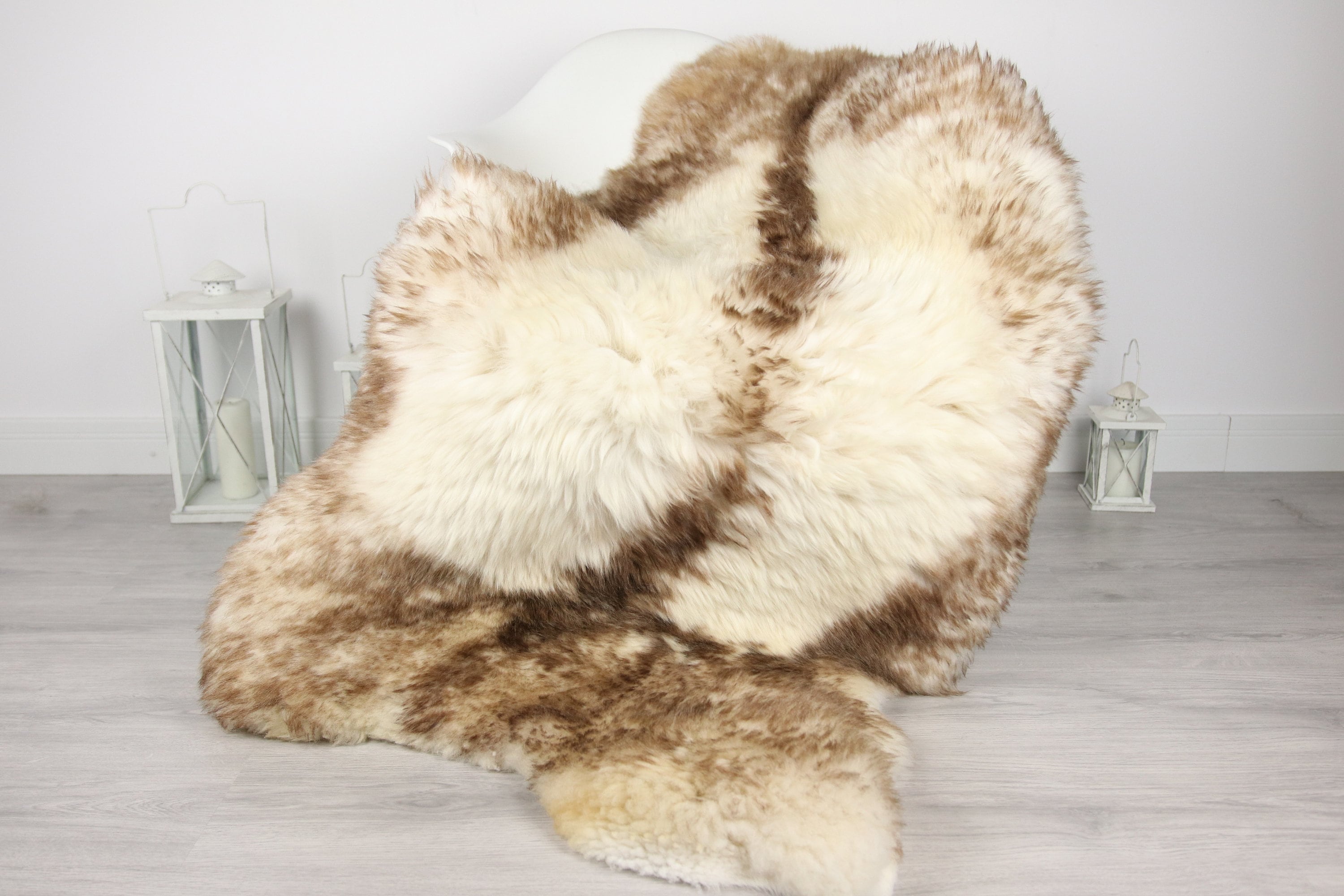Genuine Natural Brown Tipped Sheepskin Rug, Pelt, soft long fur GIANT