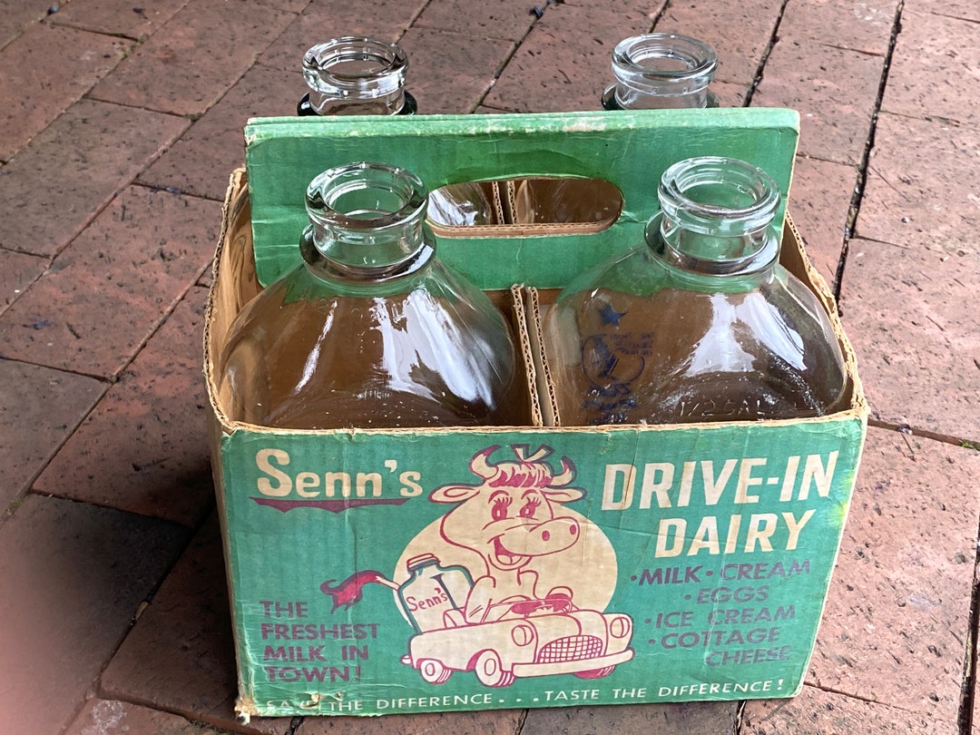Waxed Cardboard Carton With 4 Half Gallon Glass Milk Bottles Senn's ...