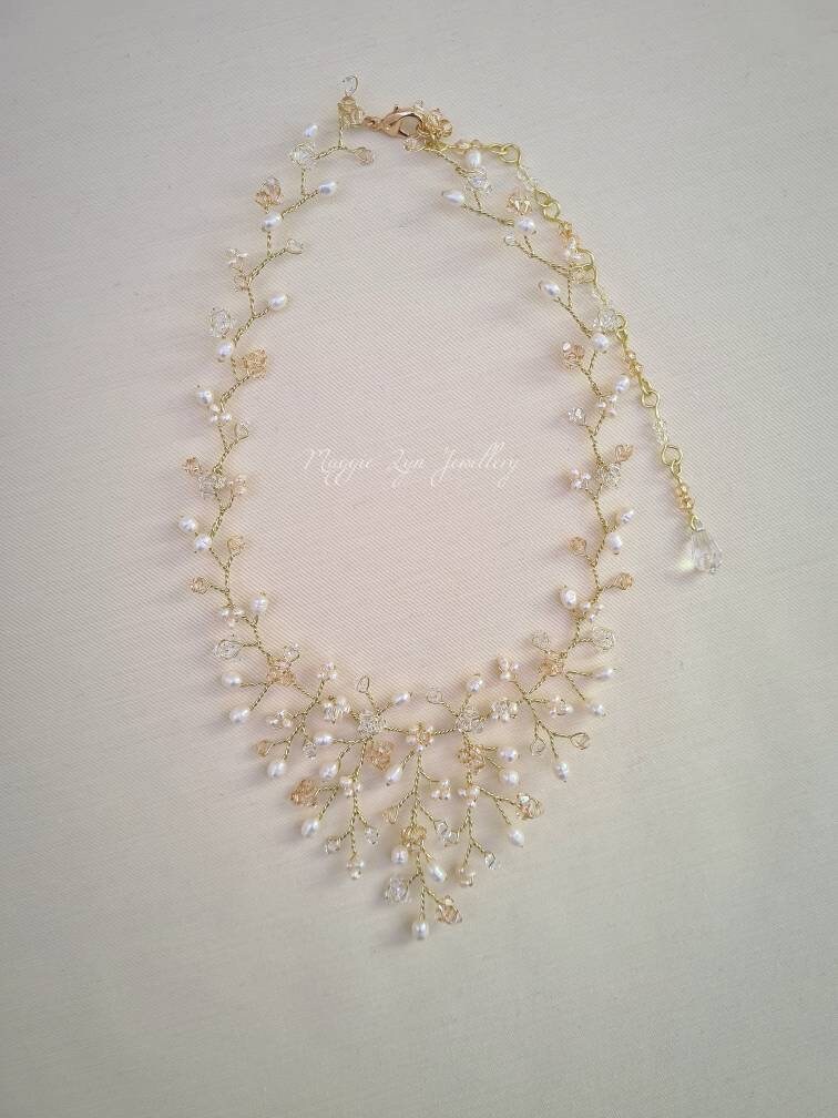 Champagne Gold Bridal Necklace - Gold Wedding Necklace, Pearl Necklace ...
