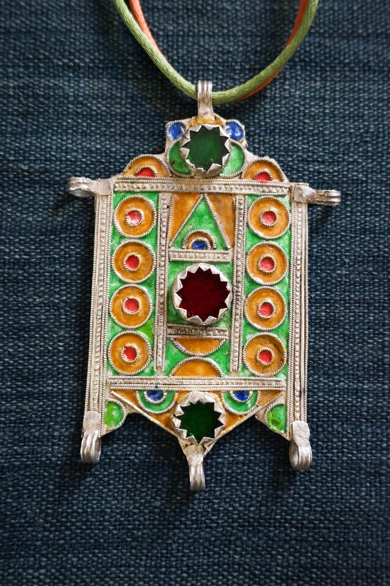 Berber amulet pendant. Vintage silver and enamel pendant. | Etsy