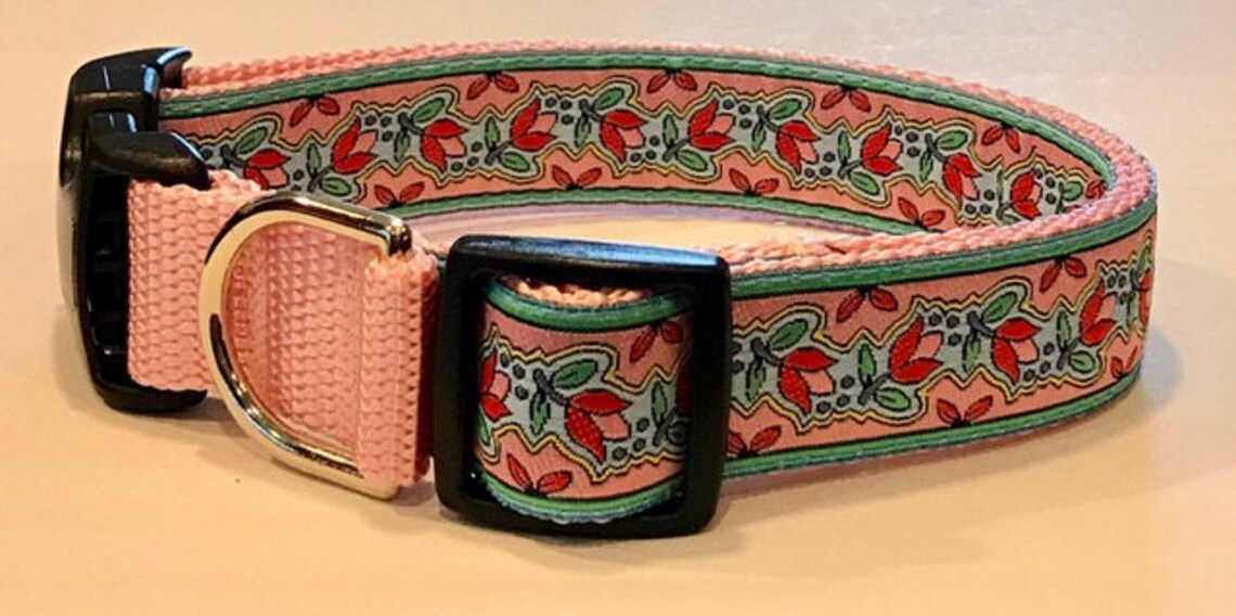 Dog Collar: Flowers Turquoise Pink Jacquard Designer Adjustable Dog ...