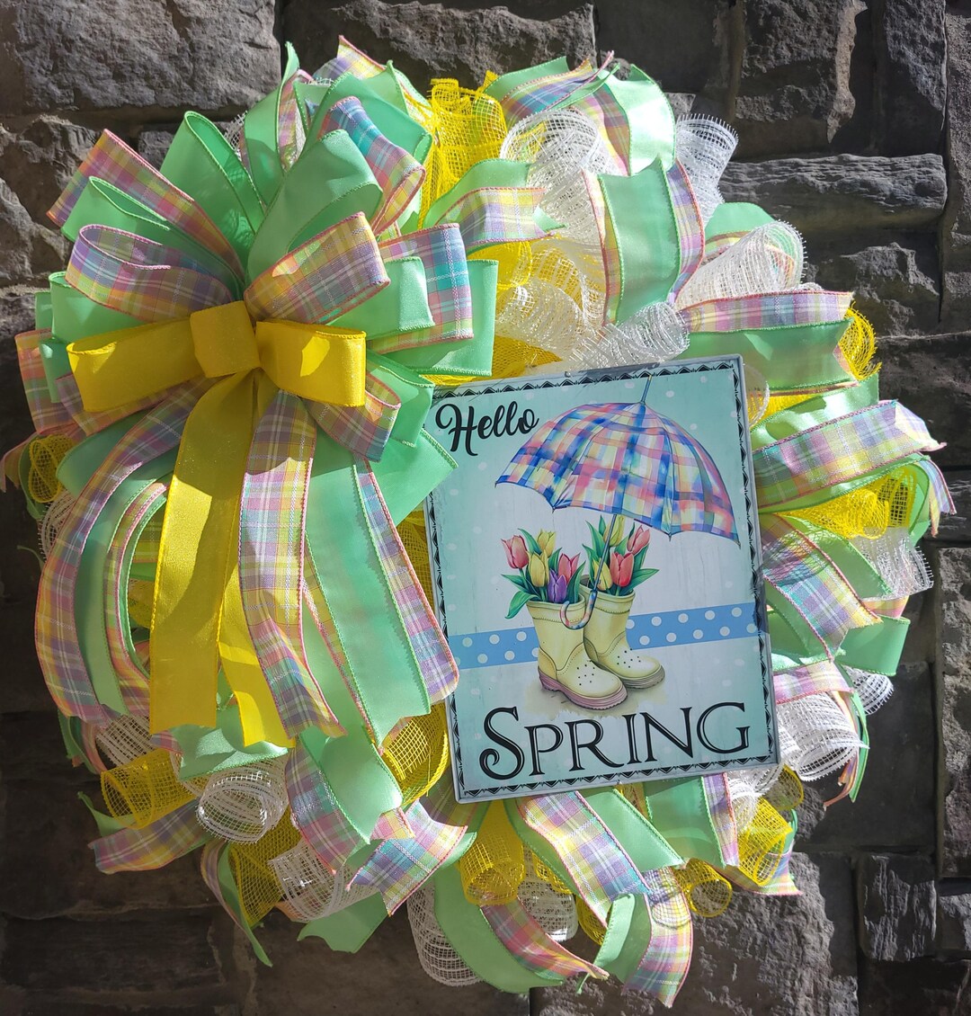 Spring Pastel Plaid Deco Mesh Wreath, Rainboots and Umbrella Wreath - Etsy