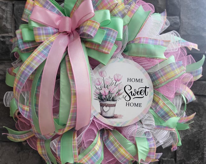 Home Sweet Home Pastel Plaid Deco Mesh Wreath, Spring Wreath - Etsy