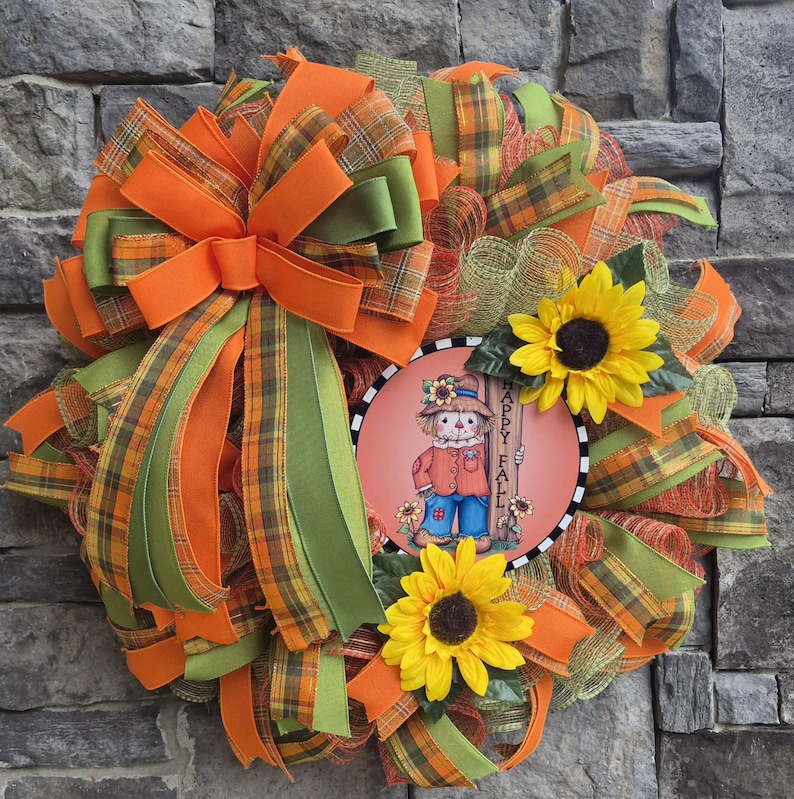 Hello Fall Scarecrow Wreath for Front Door, Autumn Harvest Wreath - Etsy