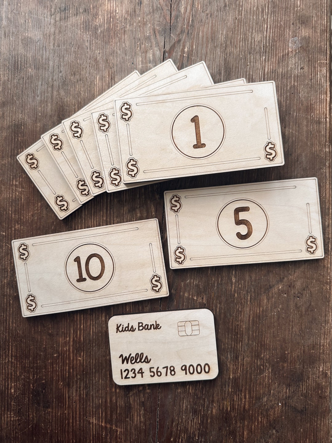Wooden Play Money, Wooden Debit Card, Pretend Play Money - Etsy