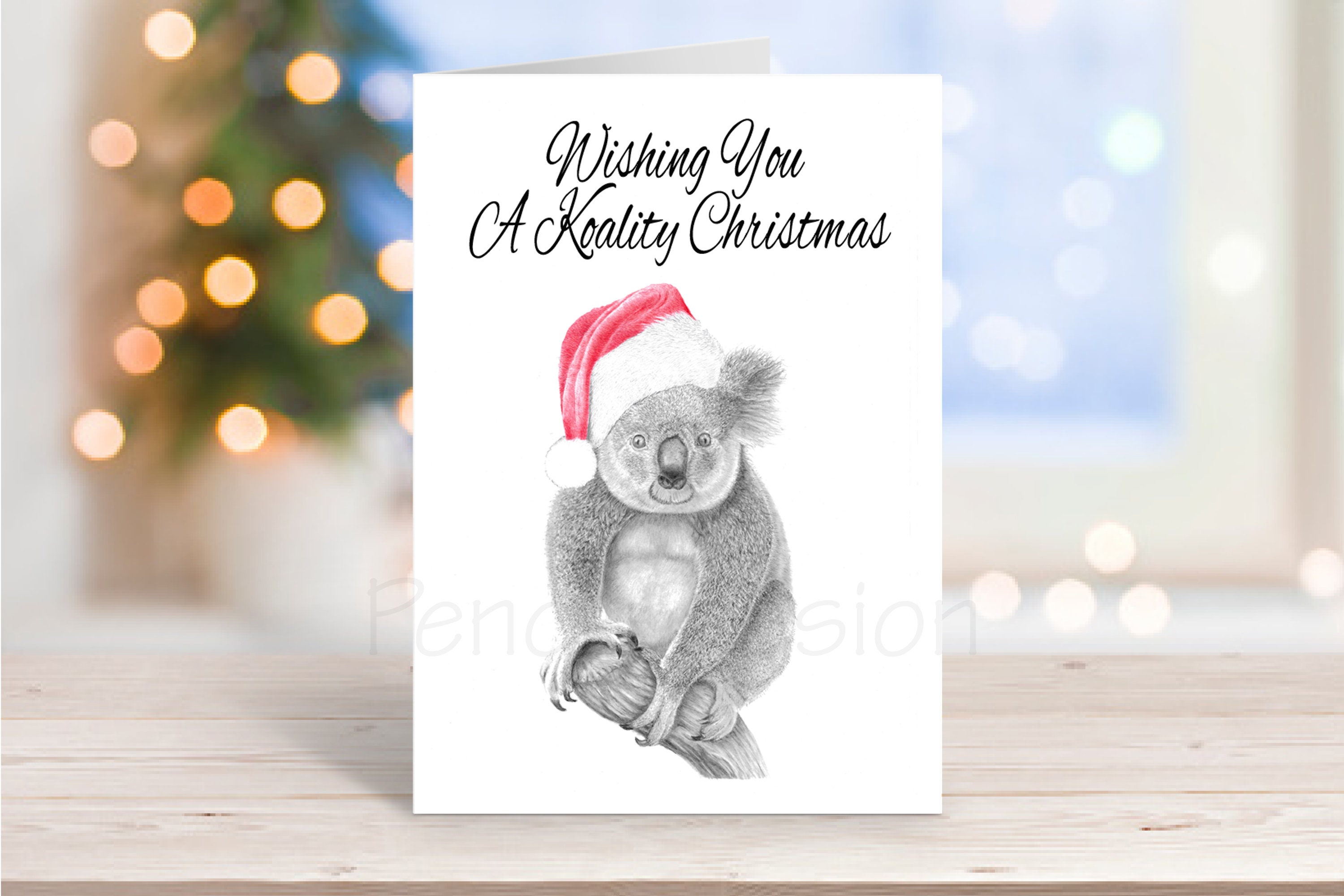 Cute Koala Christmas Card, Pencil Drawing Art Greeting - Nature ...