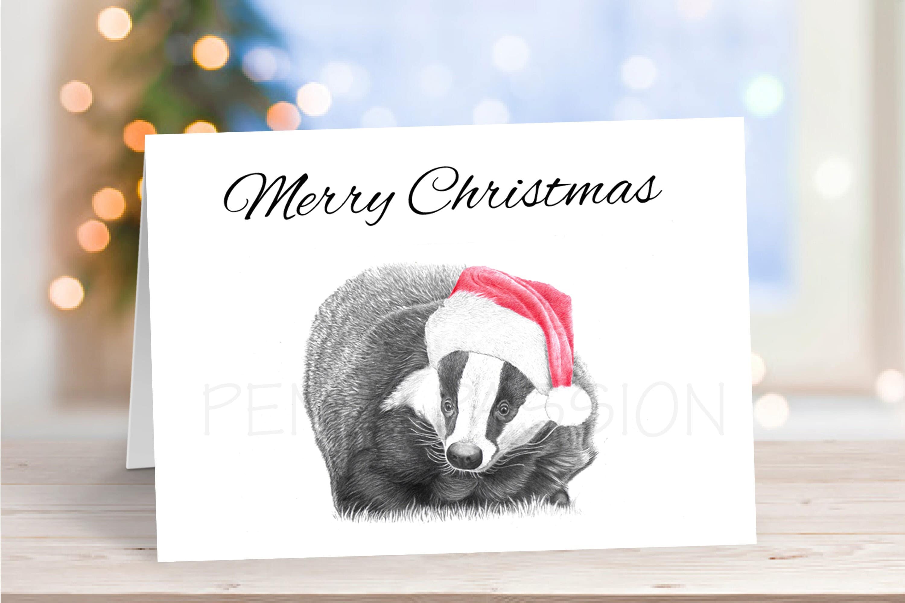 Cute Badger Christmas Card, Pencil Drawing Art Greeting - Nature ...
