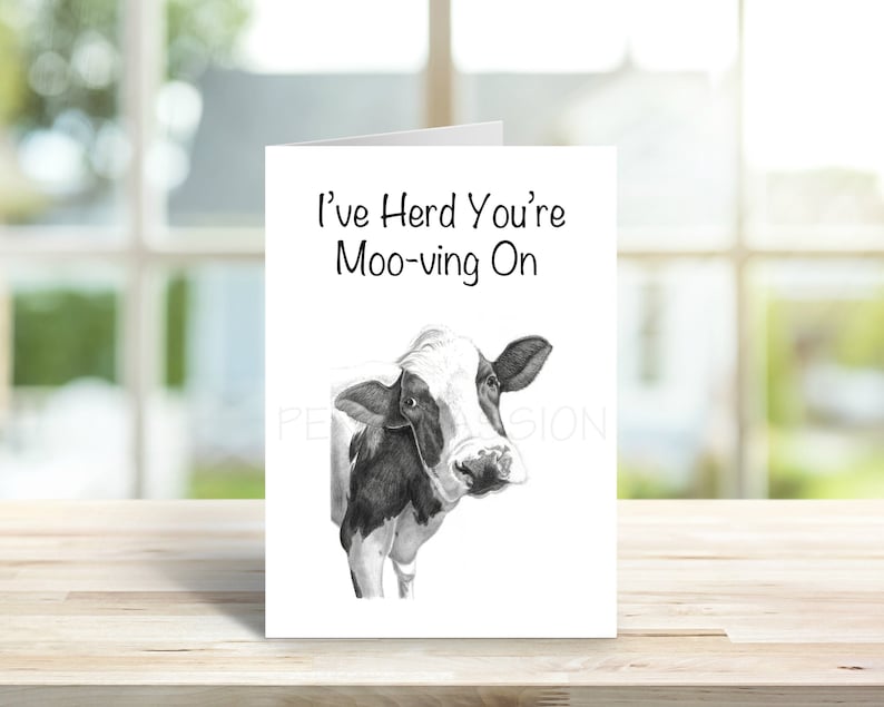 Cute Cow Leaving Card, New Job, Pencil Drawing Good Luck Greeting ...