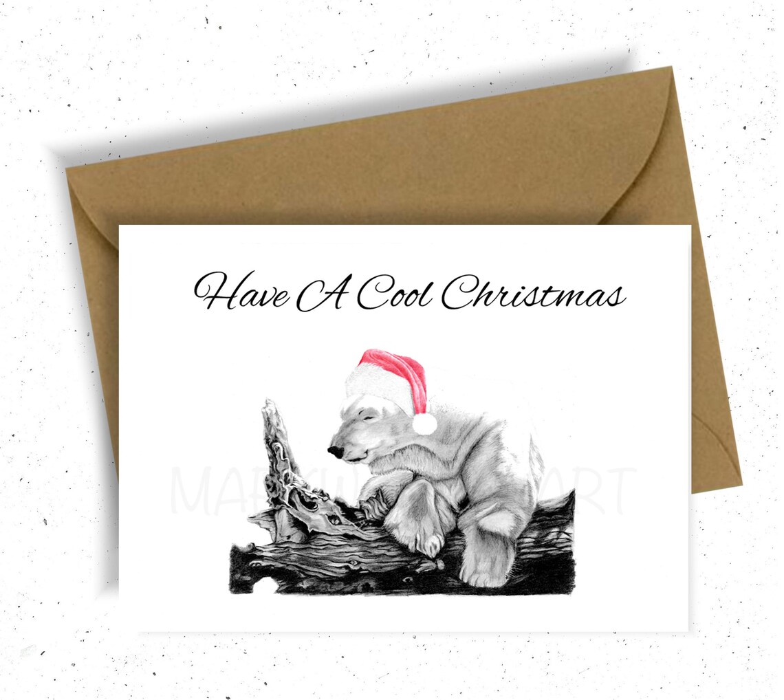 Polar Bear Christmas Card, Pencil Drawing Art Greeting - Nature ...