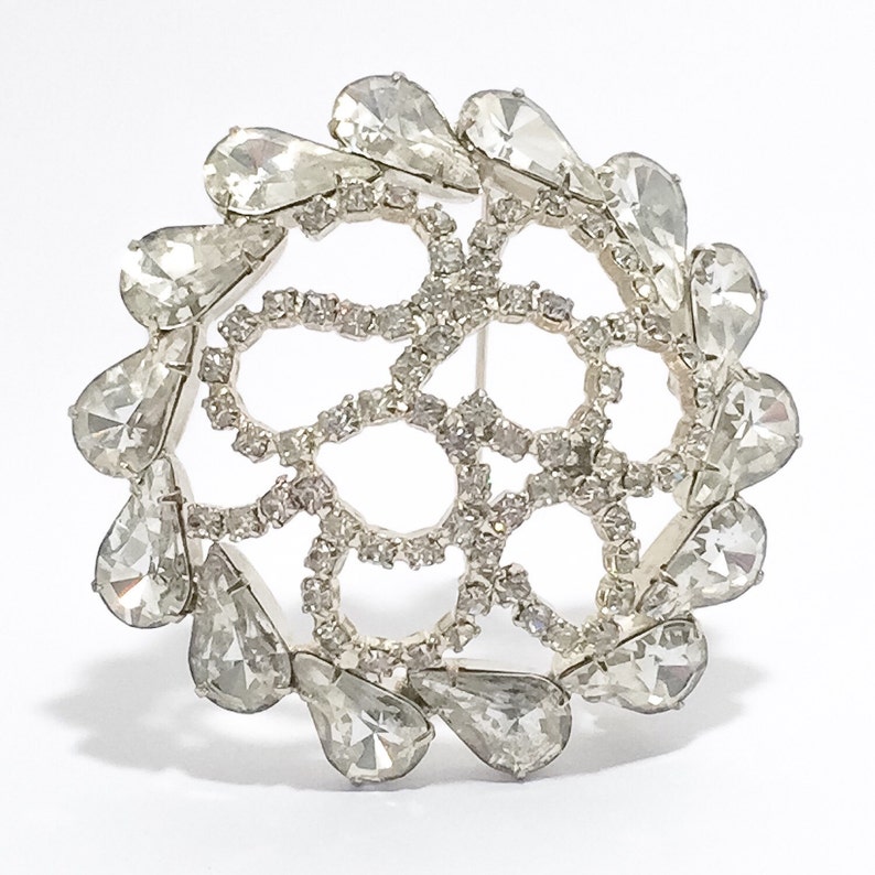 Vintage Unsigned Clear Pear & Round Rhinestone Domed Brooch, Scroll ...