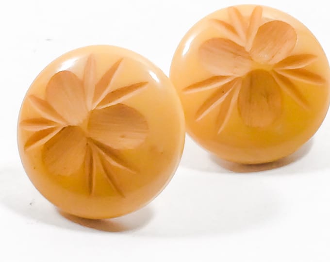 SALE Yellow Hand Carved Button-style Gold Tone, Clip Bakelite Earrings ...
