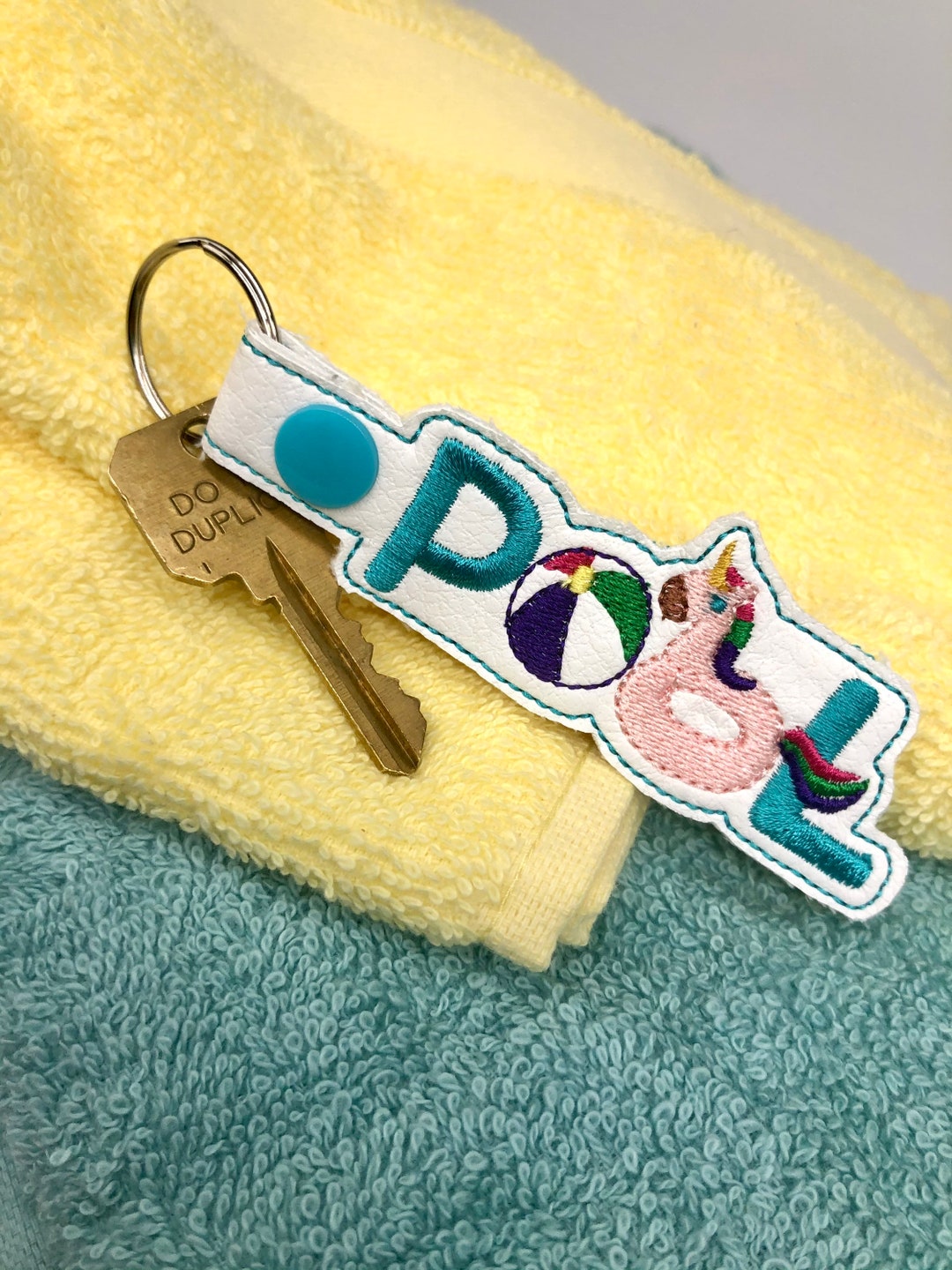 Colorful Embroidered Pool Key Keychain Cute and Fun Keyfob Unicorn Pool ...
