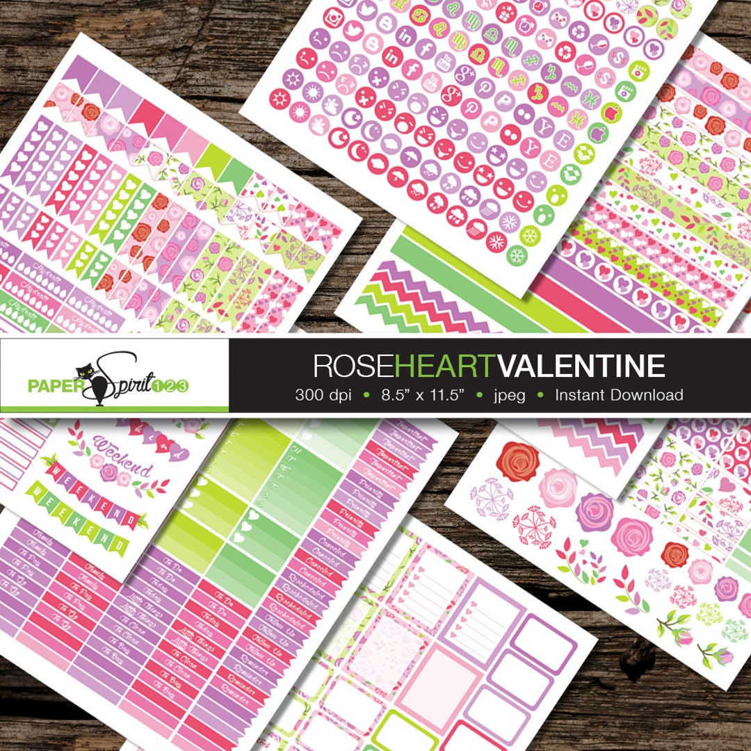 EC Printable Planner Sticker, Red & Pink Colour Rose Heart Valentine ...