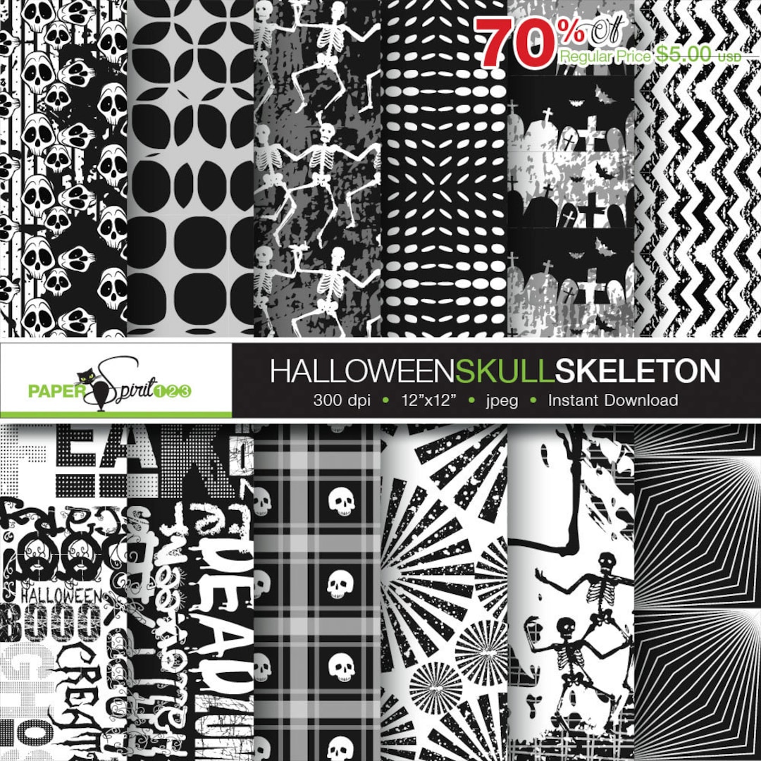 Halloween Black and White Digital Paper, Skull & Skeleton Pattern ...