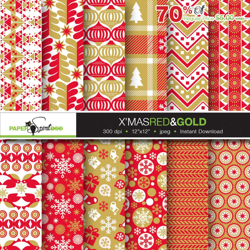Christmas Red and Gold Color Digital Paper, Xmas Pattern, 12 Pages ...