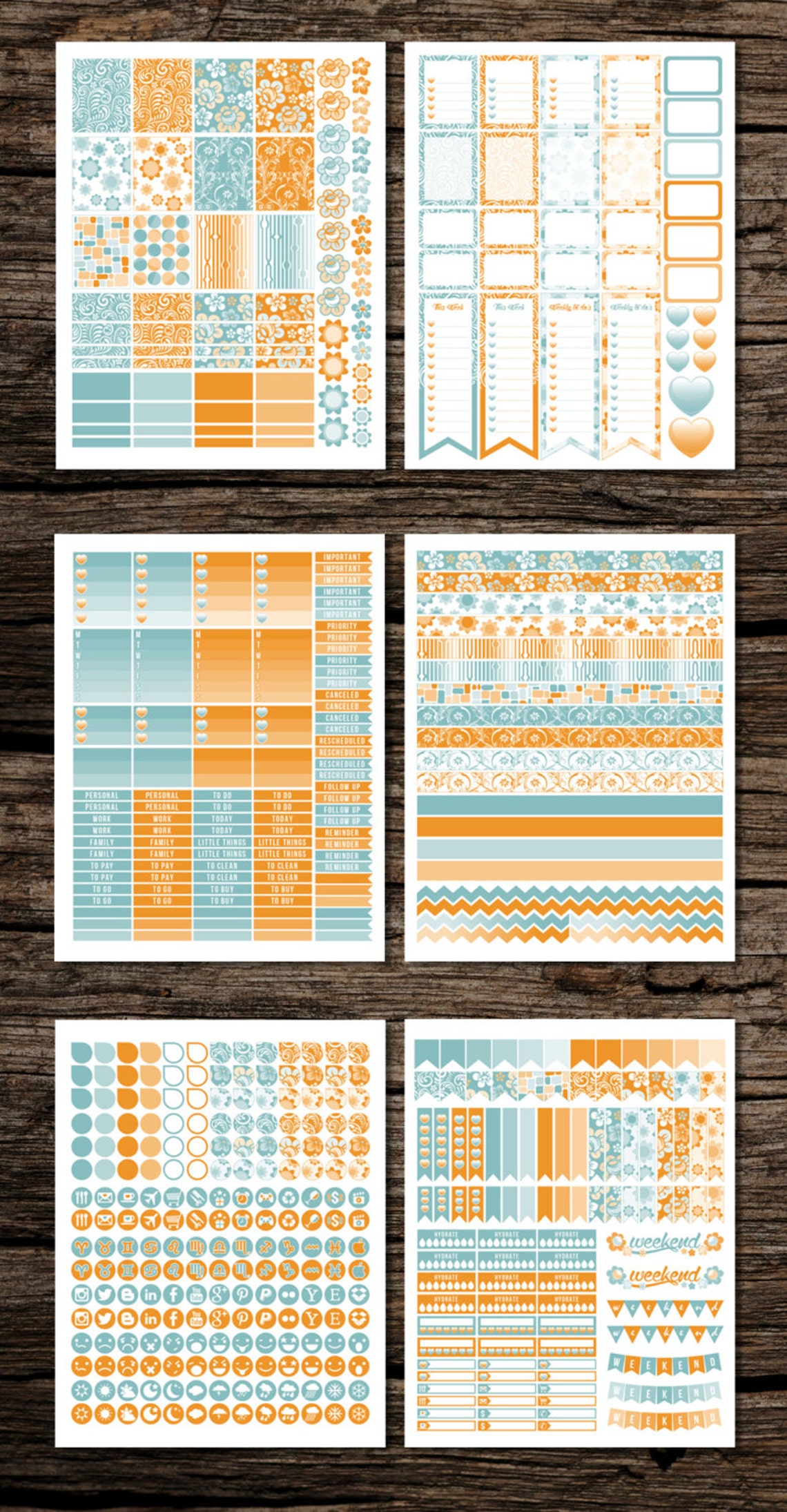 EC Printable Planner Sticker Orange & Teal Colour Floral - Etsy