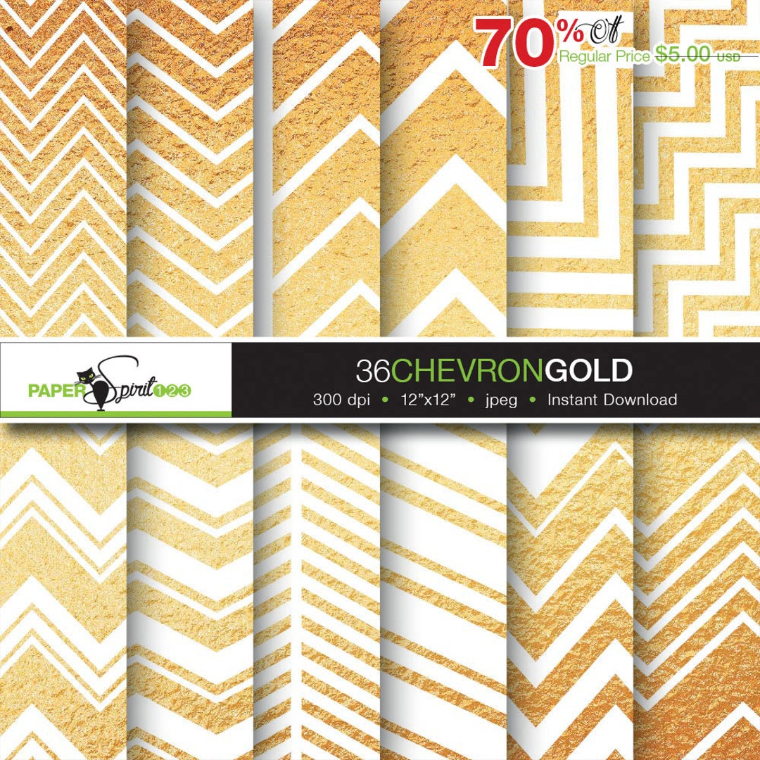 Chevron Pattern Gold and White Digital Paper, 36 Pages Scrapbooking ...
