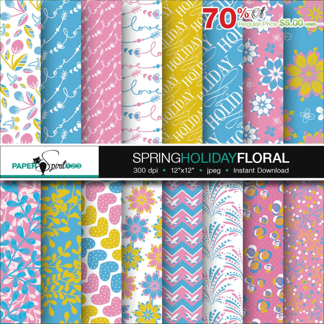 Spring / Floral Pattern Digital Paper, Pink, Blue & Yellow, 16 Pages ...