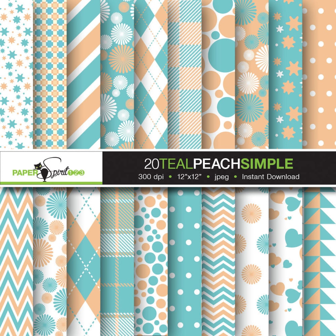 Simple Basic Pattern Teal & Peach Digital Paper, 20 Patterns, 3 Labels ...