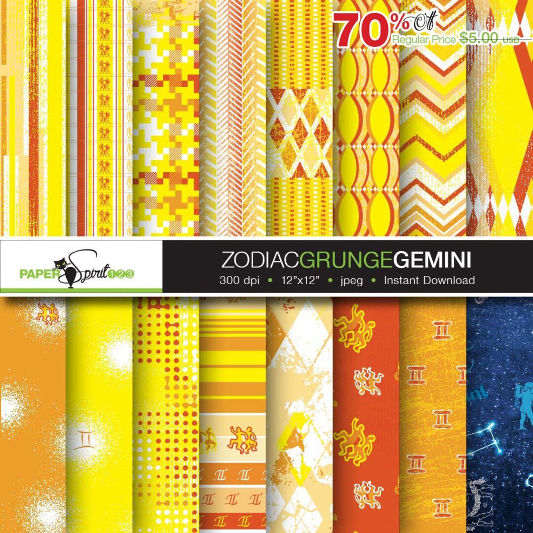 Zodiac Grunge Gemini, 5 Labels, Orange & Yellow Colour, 16 Digital ...