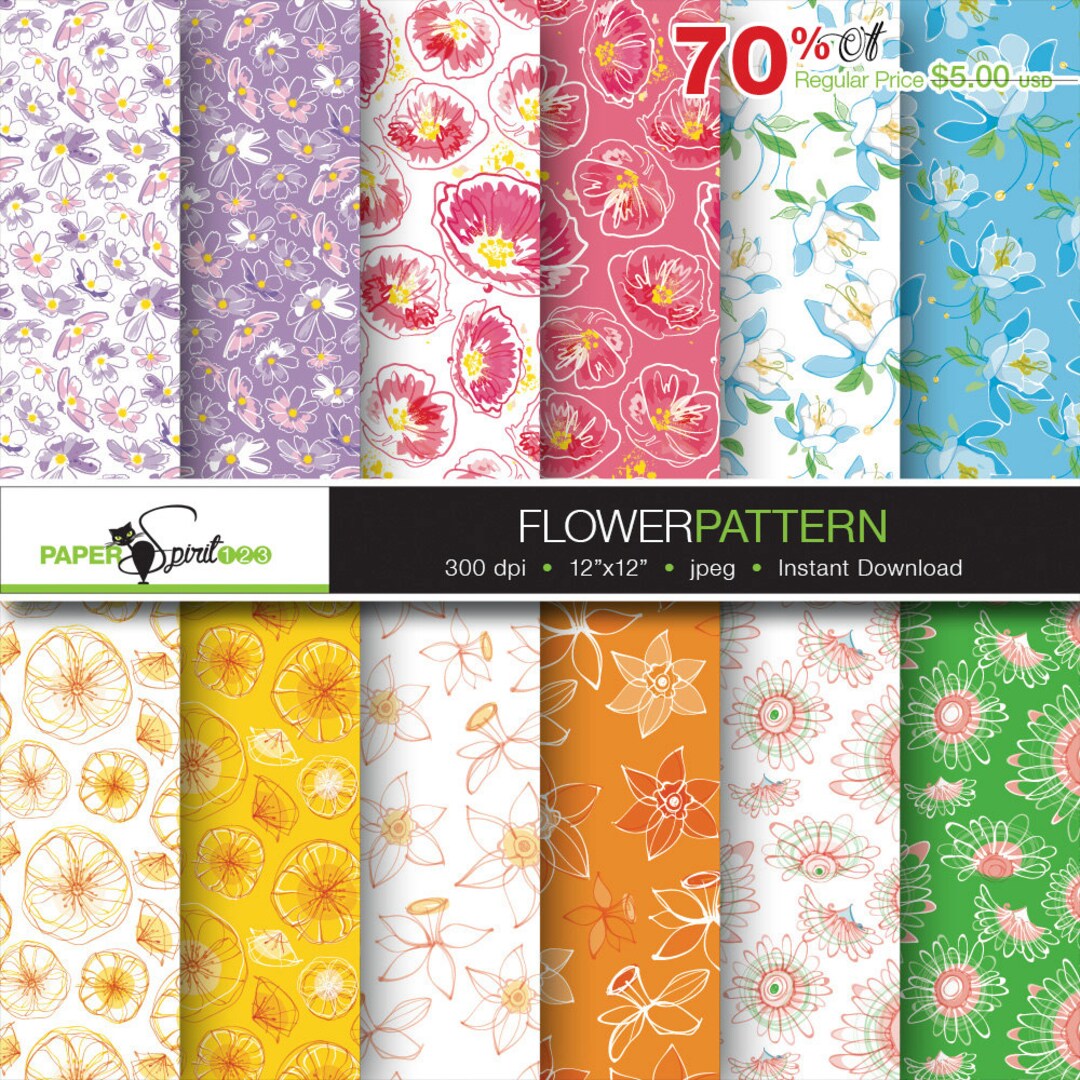 Flower / Floral Pattern Digital Paper, Pastel Colour, 12 Pages ...