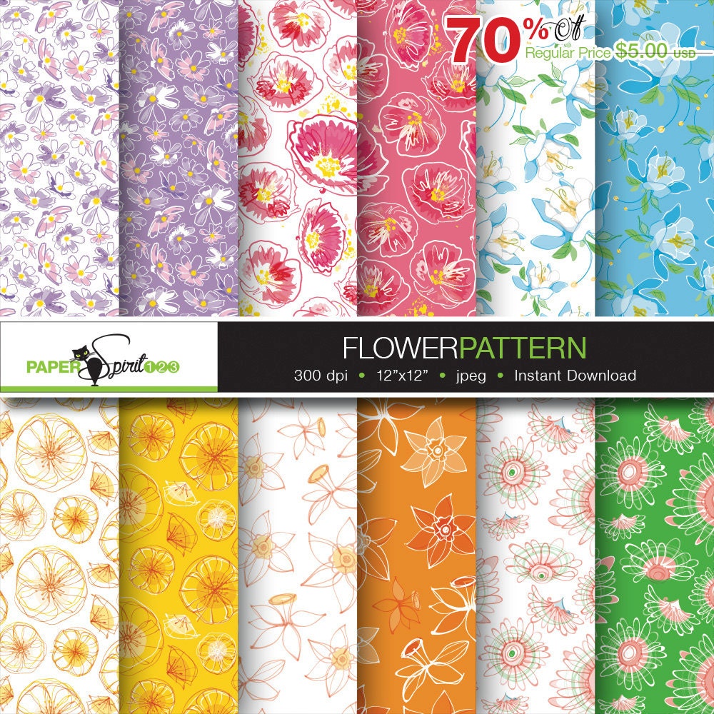 Flower / Floral Pattern Digital Paper, Pastel Colour, 12 Pages ...