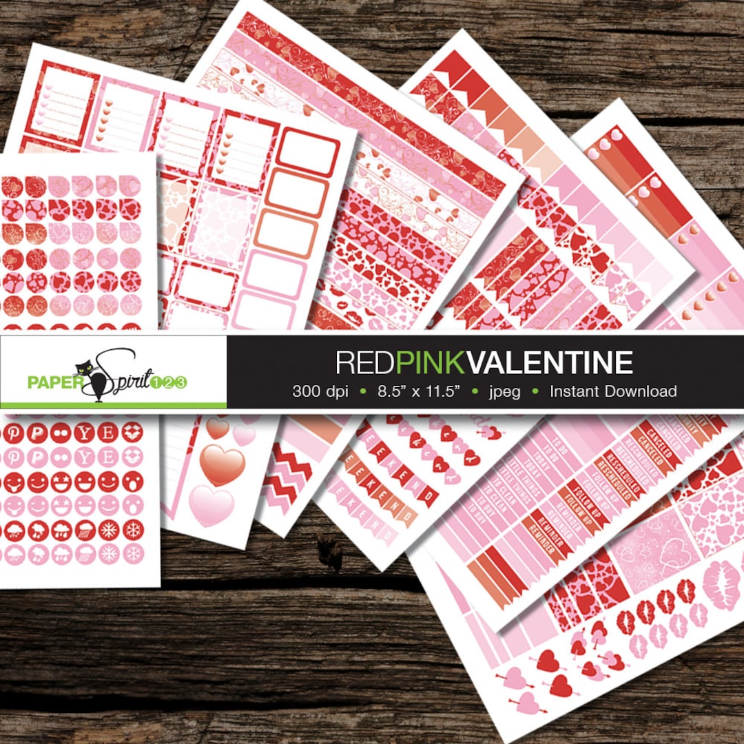 EC Printable Planner Sticker, Red & Pink Colour Valentine Heart Theme ...