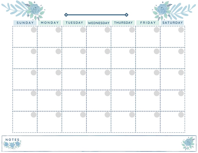 Blank Monthly Calendar Printable Blue Floral Monthly - Etsy