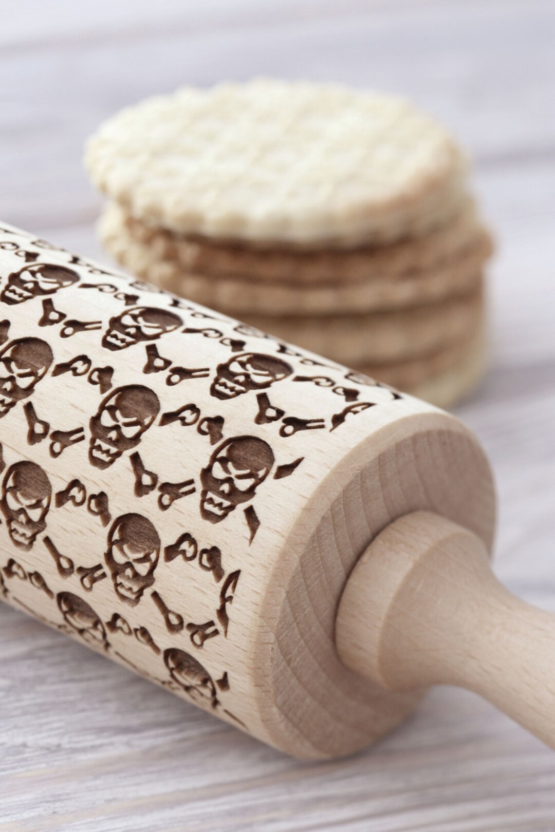 Skull Rolling Pin: Engraved Beech Wood Cookie Roller for Halloween - Etsy