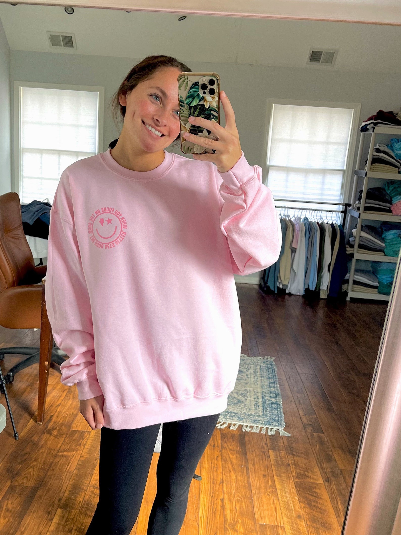 Light Pink Focus on the Good Smiley Crewneck Sweatshirt - Etsy