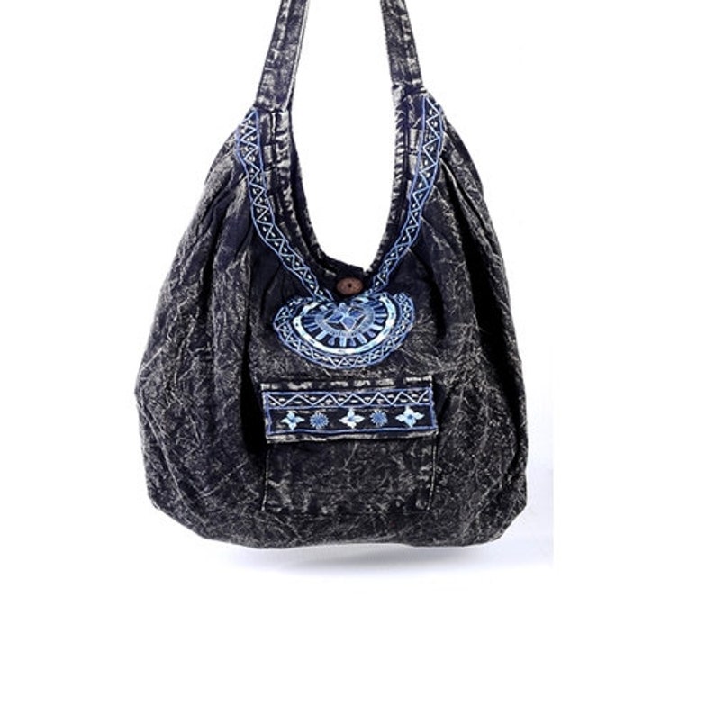 Black Stonewash Oversize Hobo With Embroidered Pattern - Etsy