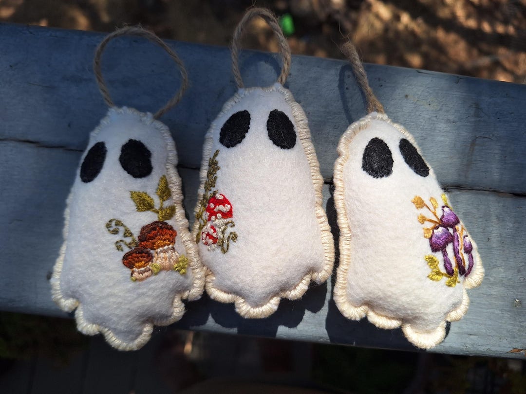 Hand Embroidered Mushroom Ghost Ornament - Etsy