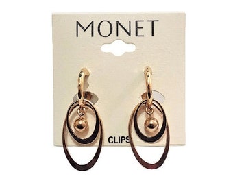 Monet Double Loop Hoops Clip on Earrings Gold Tone Vintage Hammered Smooth Oval Flat Band Dangles Round Bead Etsy