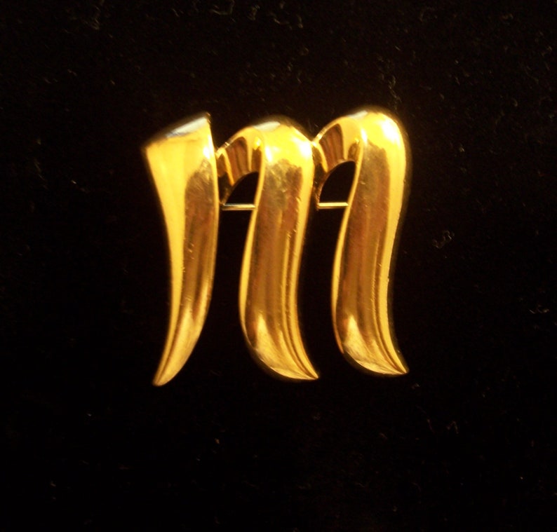 Monet Big M Pin Brooch Gold Tone Vintage Swirl Script Dome | Etsy