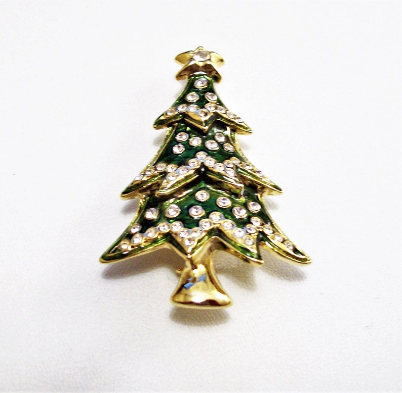 Monet Green Christmas Tree Pin Brooch Gold Tone Vintage Three | Etsy