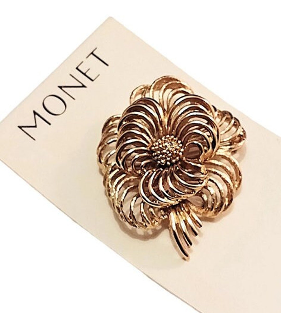 Monet Flower Petal Pin Brooch Gold Tone Vintage Open Ribbed Large ...