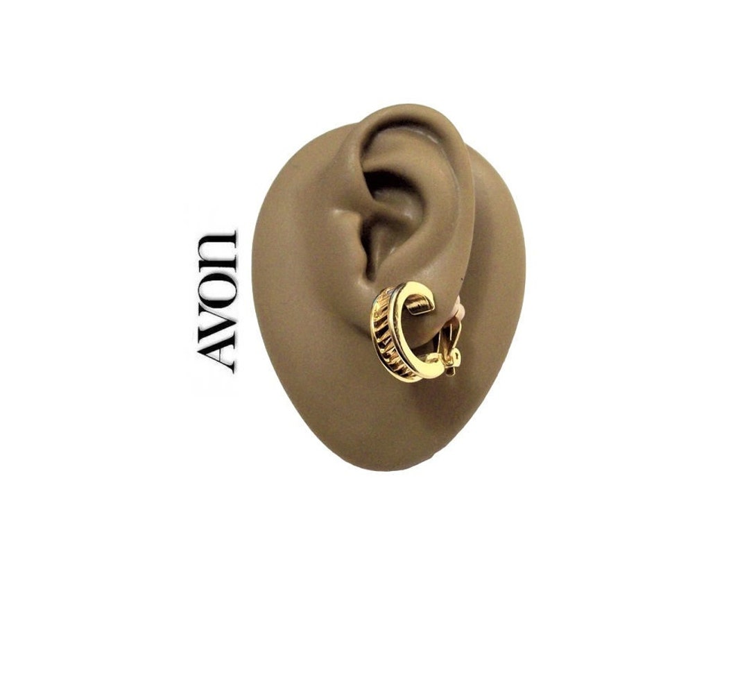 Avon Slant Line Hoop Clip on Earrings Gold Tone Vintage Padded Ribbed ...