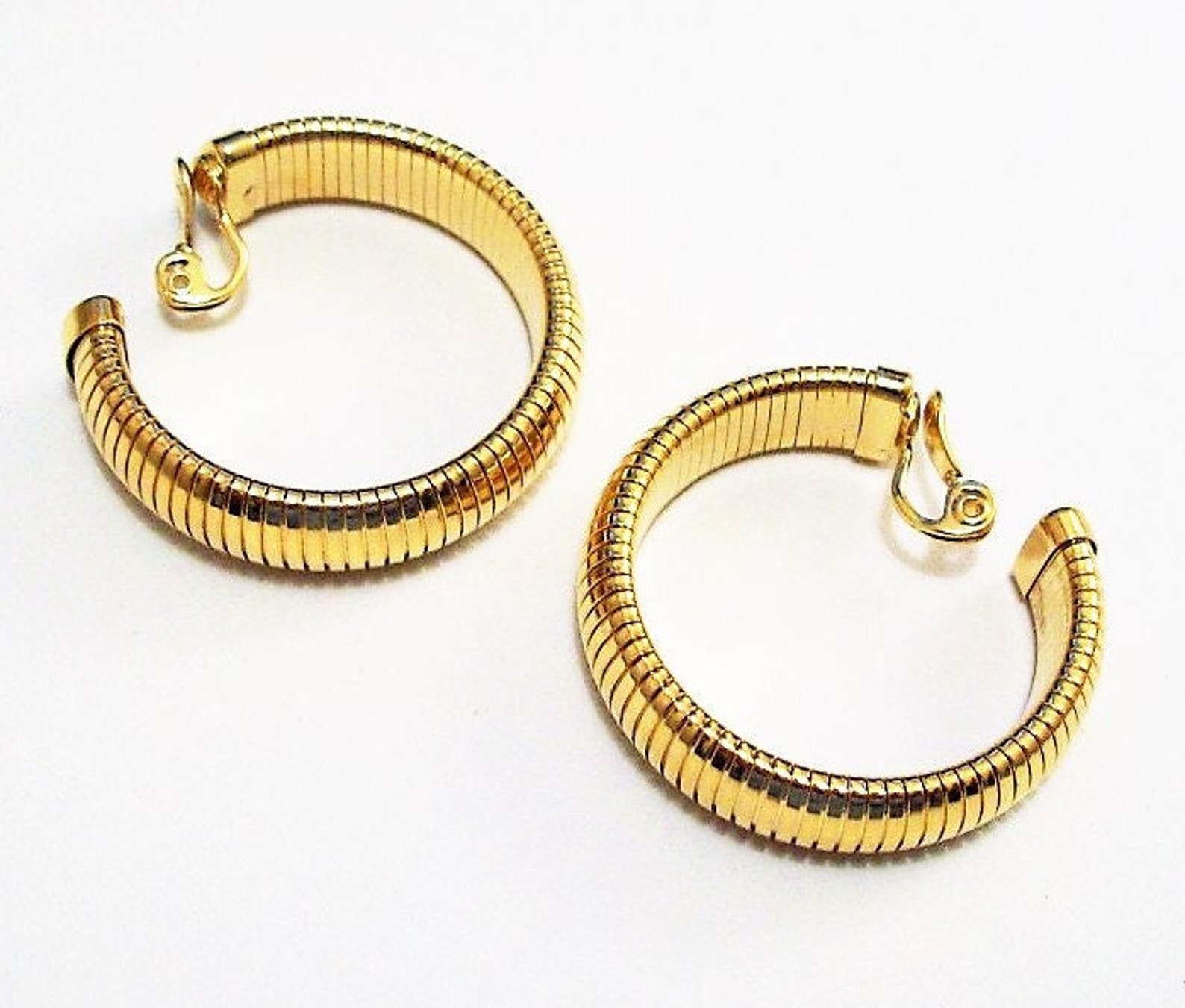 Monet Omega Ribbed Hoops Clip on Earrings Gold Tone Vintage | Etsy