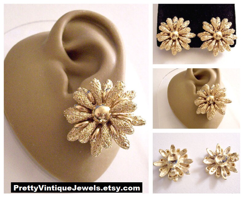 Monet Flower Prong Clip on Earrings Gold Tone Vintage Multiple | Etsy