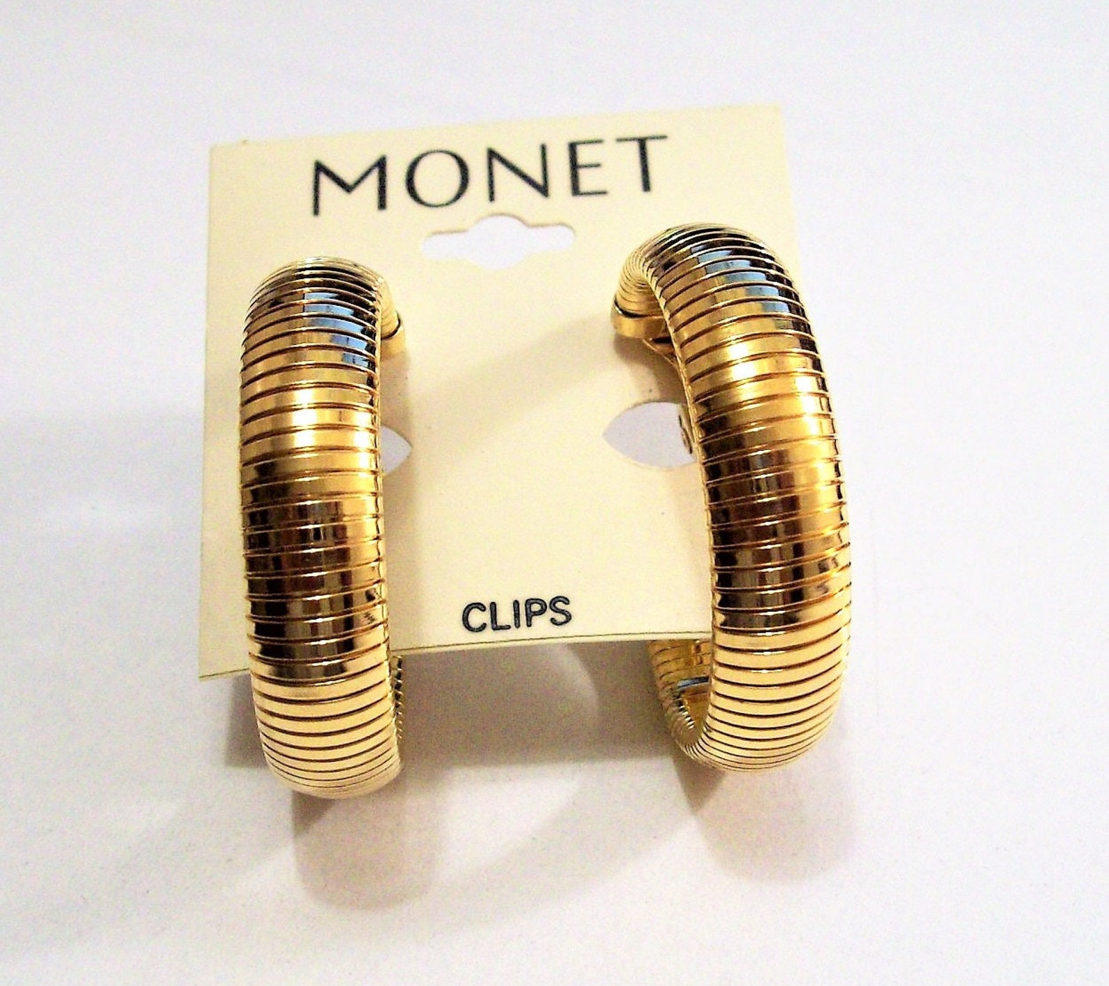 Monet Omega Ribbed Hoops Clip on Earrings Gold Tone Vintage Extra Large ...