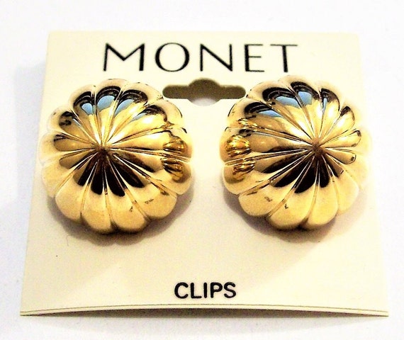 Monet Domed Button Clip On Earrings Gold Tone Vintage Ribbed Columns Etsy