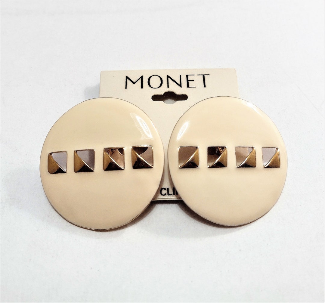 Monet Beige Slotted Big Buttons Clip on Earrings Gold Tone - Etsy
