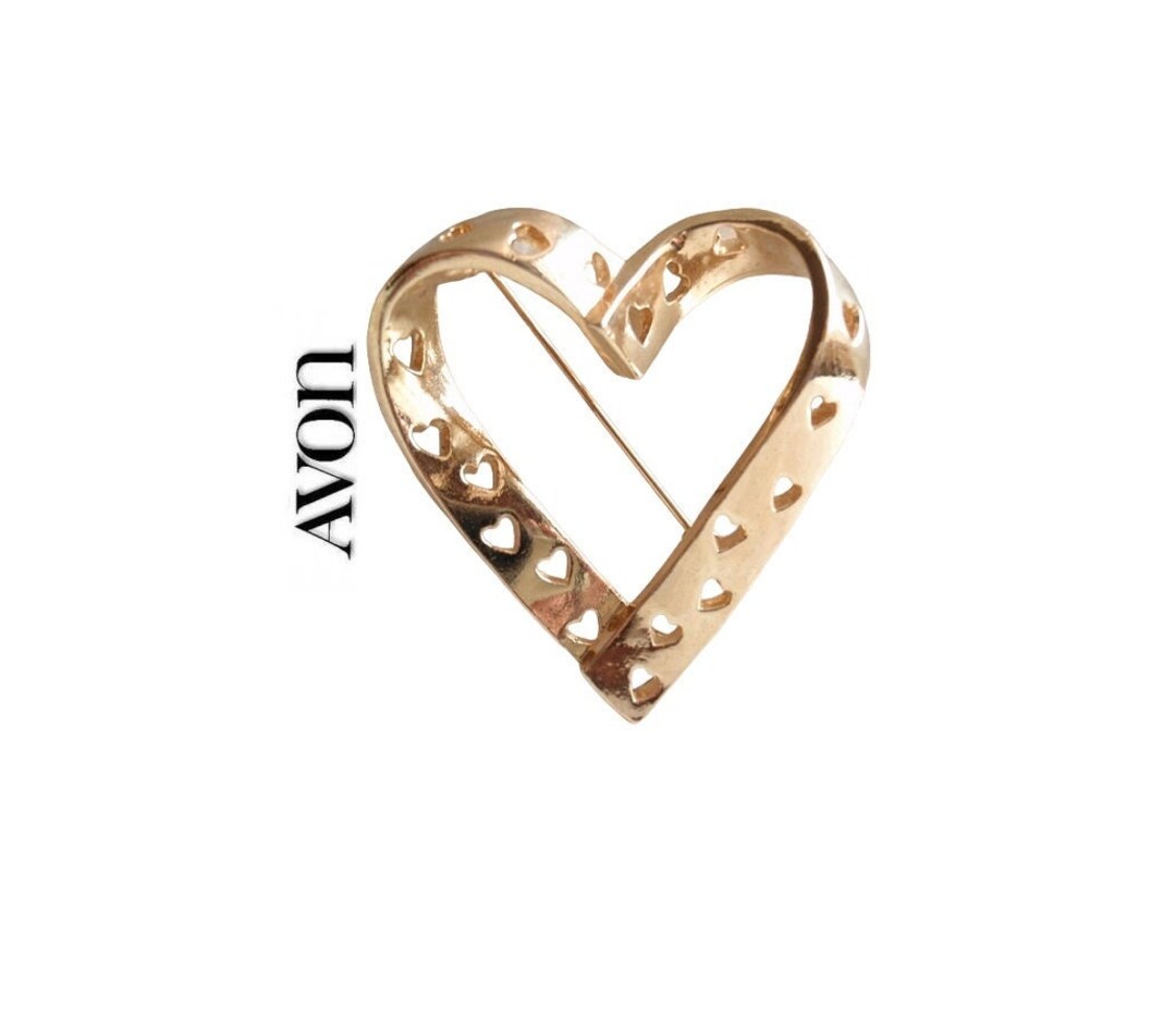 Avon True Hearts Pin Brooch Gold Tone Vintage Wide Cutout Band Fancy ...