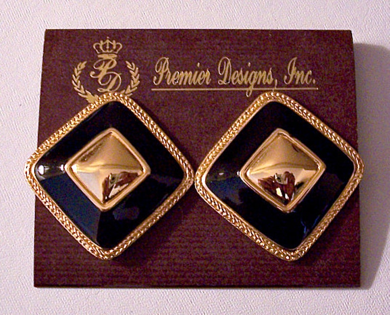 Black Diamond Discs Premier Designs Clip on Earrings Gold Tone Vintage ...