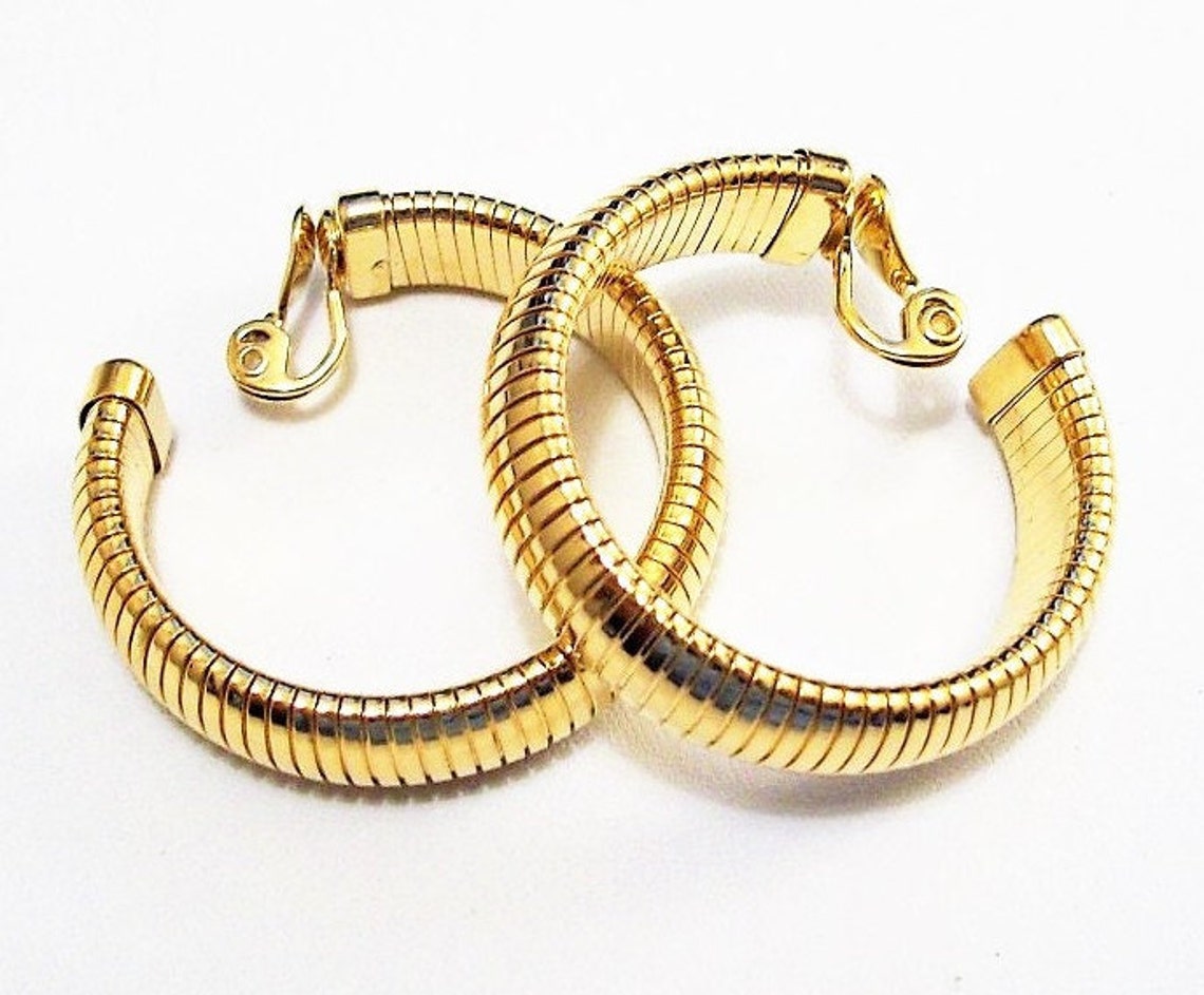 Monet Omega Ribbed Hoops Clip on Earrings Gold Tone Vintage | Etsy