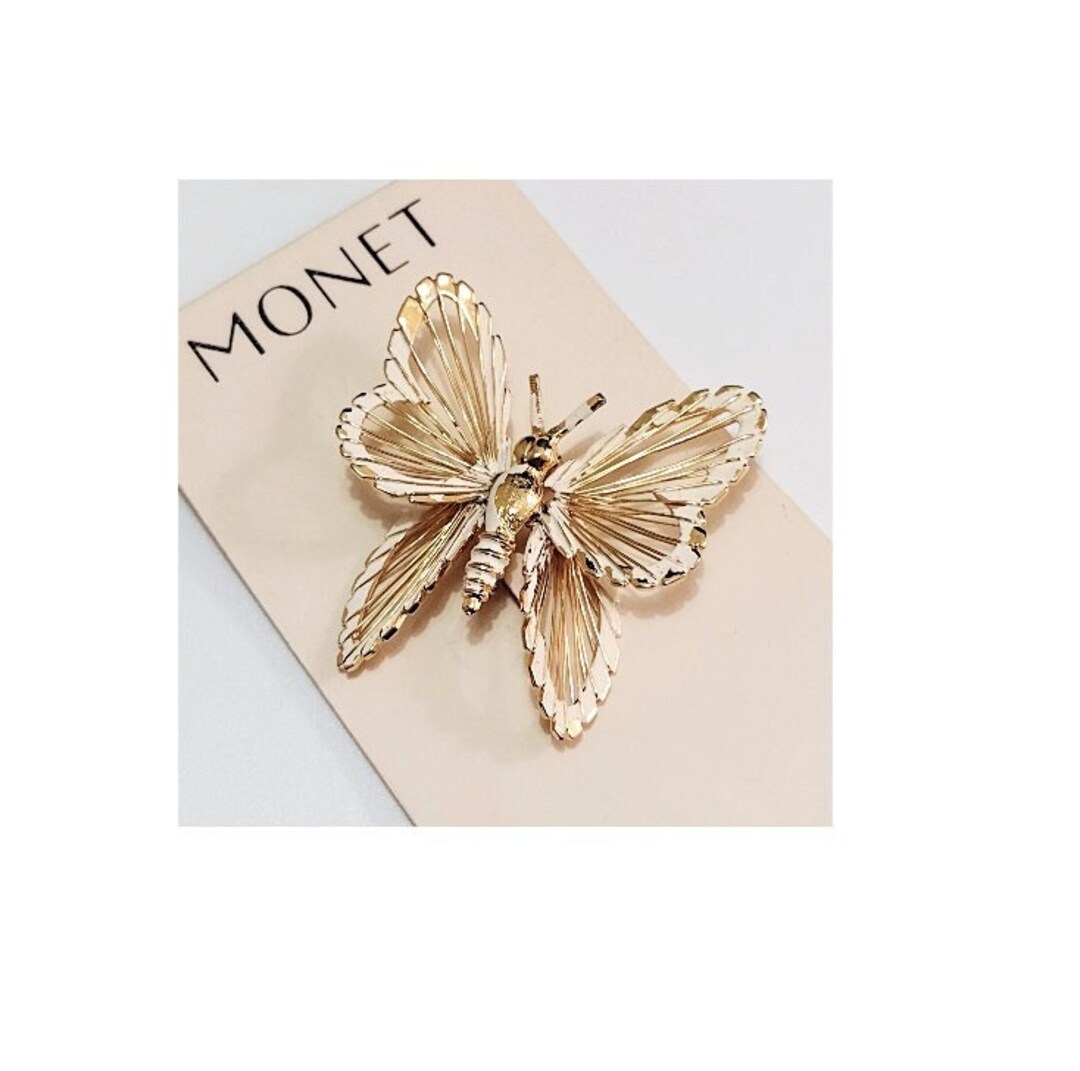 Monet Butterfly Pin Brooch Gold Tone Vintage Beige Large Wire Ribbed ...