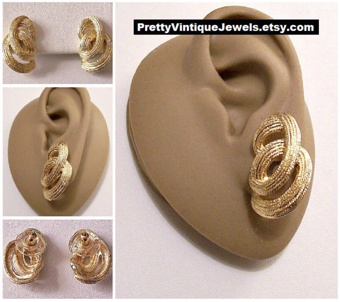 Monet Loop De Loop Pierced Earrings Gold Tone Vintage Textured | Etsy