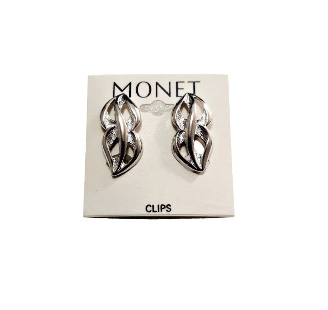 Monet Crossed Lined Bands Clip on Earrings Silver Tone Vintage Large ...
