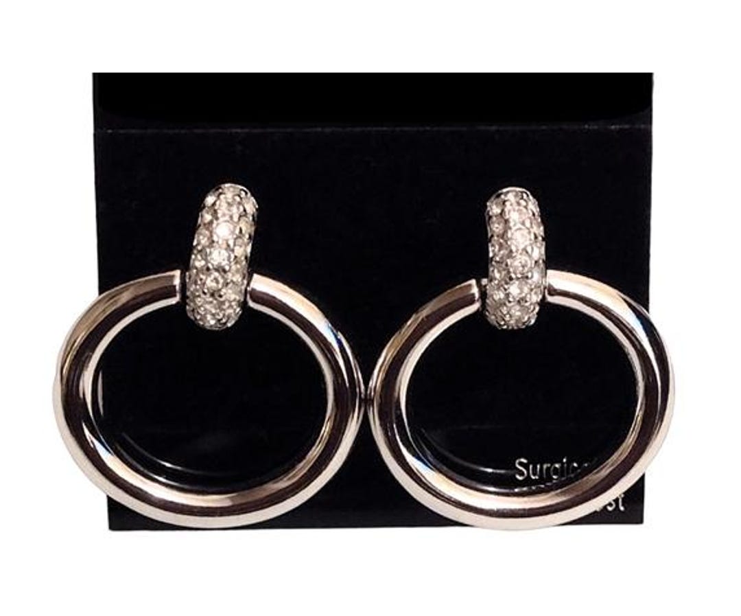 Monet Crystal Door Knocker Hoop Pierced Post Earrings Vintage Silver ...
