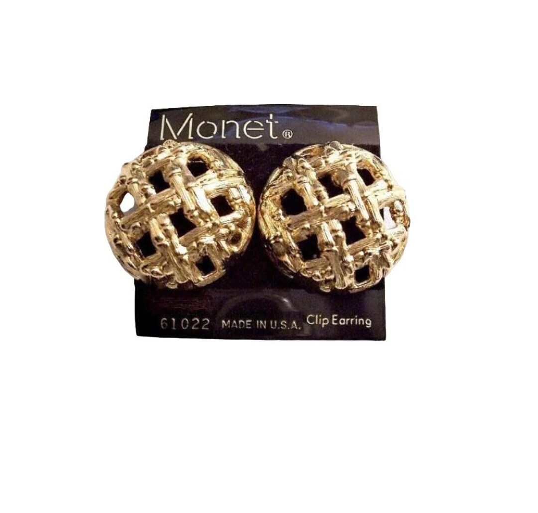 Monet Bamboo Basketweave Clip on Earrings Gold Tone Vintage Extra Large ...